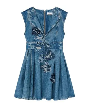 GANNI Floral Appliqué Denim A-line Dress