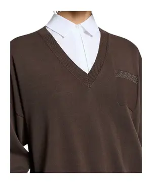 Peserico V-neck Sweater With Chest Pocket - Brown
