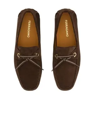 FERRAGAMO Laced Suede Driver Loafers - Brown
