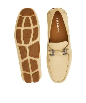 FERRAGAMO Gancini Ornament Nubuck Driver - Ecru