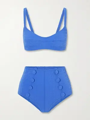 Lisa Marie Fernandez Button-embellished Seersucker Balconette Bikini - Blue