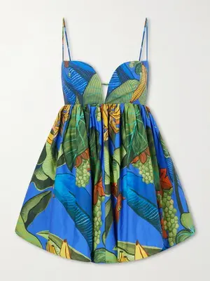 Farm Rio Banana Grapes Printed Linen-blend Mini Dress - Blue