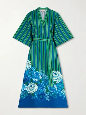 ALEMAIS Margo Belted Striped Floral-print Organic Cotton-poplin Midi Dress - Multi