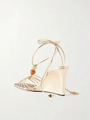 JIMMY CHOO Lova 85 Embellished Metallic Leather Wedge Sandals - Gold