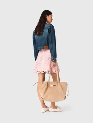 Maje Cropped Denim Jacket With Leather Collar