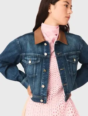 Maje Cropped Denim Jacket With Leather Collar