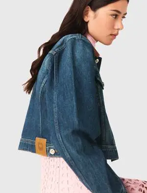 Maje Cropped Denim Jacket With Leather Collar
