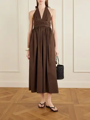 Matteau Gathered Organic Cotton-poplin Halterneck Maxi Dress - Chocolate