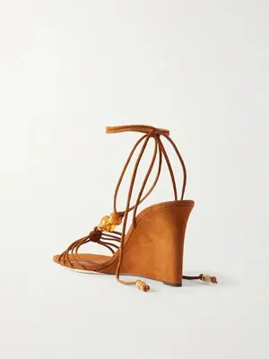 JIMMY CHOO Lova 85 Embellished Suede Wedge Sandals - Brown