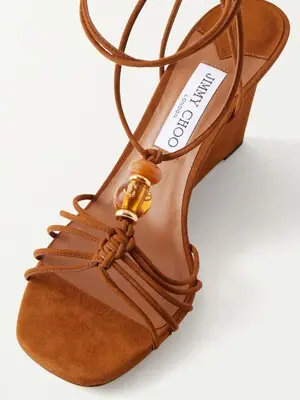 JIMMY CHOO Lova 85 Embellished Suede Wedge Sandals - Brown