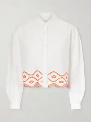 Loretta Caponi Cropped Broderie Anglaise Cotton-voile Shirt - White