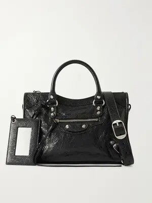 Balenciaga Le City Crinkled Glossed-leather Shoulder Bag - Black