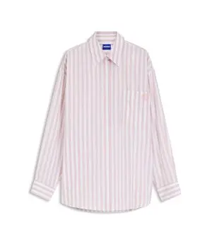 Hugo Striped Cotton Oversized Shirt With Logo Detail - Patterned