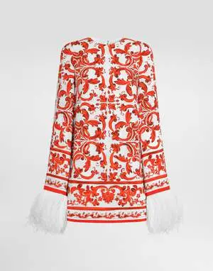 Dolce & Gabbana Majolica-print Charmeuse Dress With Feather Trim