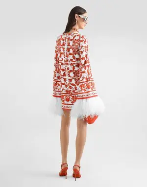 Dolce & Gabbana Majolica-print Charmeuse Dress With Feather Trim