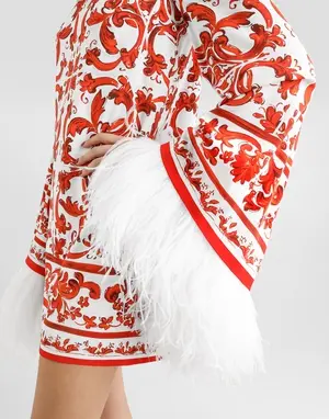Dolce & Gabbana Majolica-print Charmeuse Dress With Feather Trim