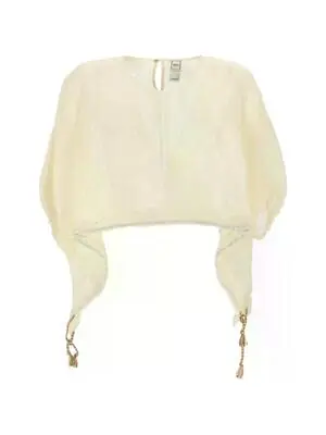 120% Lino Asymmetrical Hem Top With Tassel Detail - Neutrals