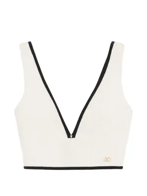 Valentino Garavani V-neck Cotton Tweed Cropped Tank Top - White