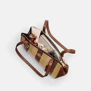 COACH OUTLET Coach Asher Striped Patchwork Shoulder Bag - Gold/redwood Multi