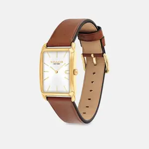 COACH OUTLET Coach "elliot" Rectangular Case Watch With Leather Strap - Saddle