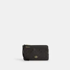 COACH OUTLET Double Zip Wallet In Signature Canvas - Gold/walnut/black