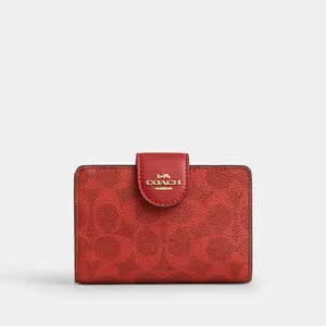 COACH OUTLET Medium Corner Zip Wallet In Signature Canvas - Gold/crimson