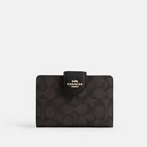 COACH OUTLET Medium Corner Zip Wallet In Signature Canvas Gold/walnut/black