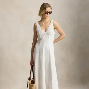 Ralph Lauren Crochet Trim Linen Dress - White