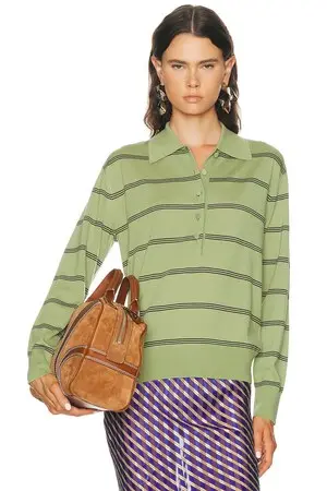Dries Van Noten Striped Merino Wool Polo Top - Olive