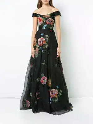 Marchesa Floral Embroidered Off-the-shoulder Gown
