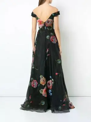Marchesa Floral Embroidered Off-the-shoulder Gown