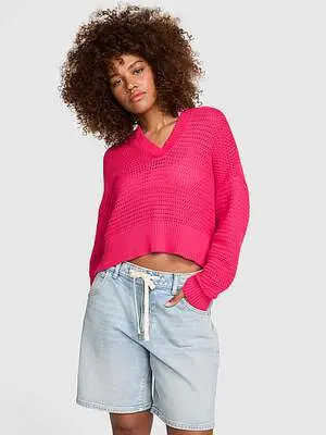 Pink Crochet V-neck Hoodie - Pink