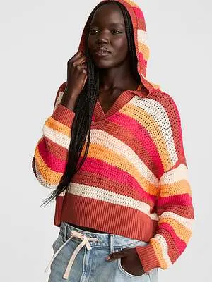 Pink PINK Crochet V-Neck Hoodie Print