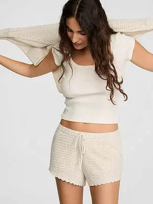 Pink Crochet Micro Shorts - Beige