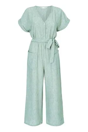YUMI V-neck Kimono Sleeve Jumpsuit With Metallic Pinstripe And Wide Leg - Green