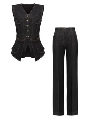 TIA DORRAINE Sleeveless Denim Top Vest And Straight-leg Trousers Set - Black
