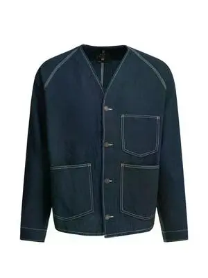 BEAMS Contrast-stitch Collarless Jacket - Blue