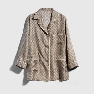Gucci Allover Gg Print Silk Twill Shirt With Contrast Piping - Beige