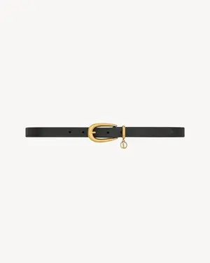 Saint Laurent Cassandre Charm Elongated Buckle Thin Belt In Leather - Black
