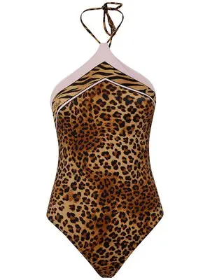 MC2 SAINT BARTH Leopard Print Halterneck One-piece Swimsuit - Brown
