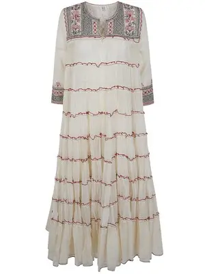 UPAVITA Embroidered V-neck Long Sleeve Cotton Maxi Dress