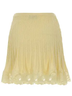 SELF-PORTRAIT Lace-trimmed Open-knit Mini Skirt - Yellow