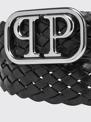 Philipp Plein Woven Leather Belt With Gold Tone Logo Buckle - Black