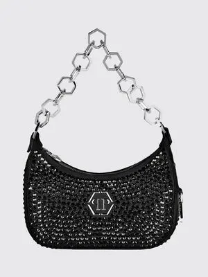 Philipp Plein Leather Bag With Rhinestones And Metallic Mesh Handle - Black