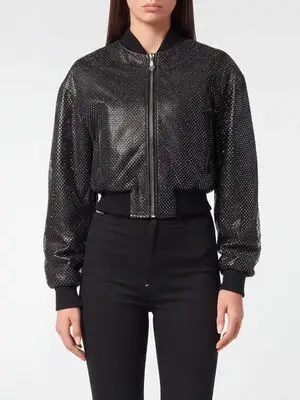 Philipp Plein All Over Crystal Nappa Crop Bomber Jacket - Black