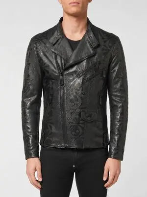 Philipp Plein Snake Print Leather Biker Jacket - Black