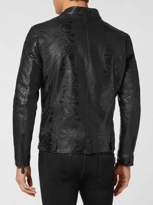 Philipp Plein Snake Print Leather Biker Jacket
