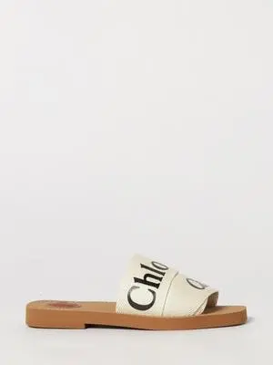 Chloé Woody Flat Slide Sandals In Canvas With Printed Logo - White