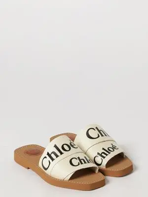 Chloé Woody Flat Slide Sandals In Canvas With Printed Logo - White