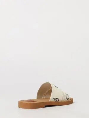 Chloé Woody Flat Slide Sandals In Canvas With Printed Logo - White